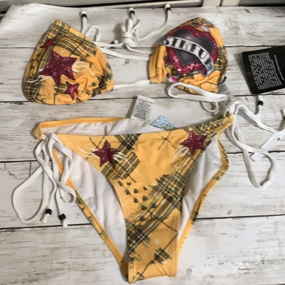 Affliction | Swim | Affliction Sinful Bikini Yellow Plaid Pink Beading ...